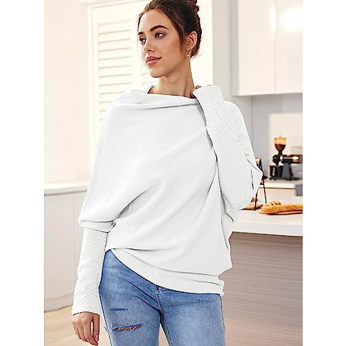 LILLUSORY Womens 2023 Fall Long Batwing Sleeve Off Shoulder Tunic Tops Oversized Crewneck Lightweight Slouchy Pullover Sweaters White