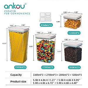 Ankou Pop Airtight Food Storage Containers with Lids for Kitchen Pantry Organizing Stackable Container for Cereal Snack Flour Sugar Coffee Spaghetti -12 Pcs(1.2, 2.0, 2.7, 3.3qt)*3