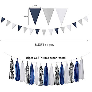 Navy Blue White Silver Party Decorations,23pcs Kit Graduation 2023 Tissue Paper Pom Poms Streamers,Tassel Garland Banner Flowers,Men Birthday Bachelorette Baby Shower Christmas Decor Lasting Surprise