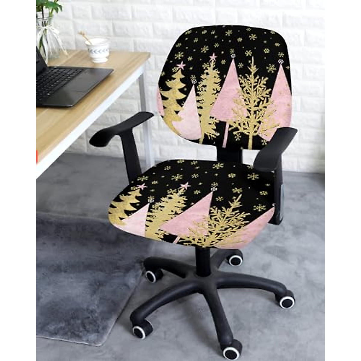 Christmas Tree Office Chair Cover Stretchable Computer Chair Seat Cover Backrest Slipcovers, Stretchable Rotating Desk Chair Seat Cushion Split Protectors Snowflake Gold Pink Modern Geometric