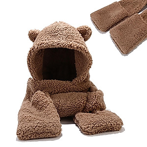 Umeepar Winter Bear Ear Sherpa Hood Hat Scarf Gloves 3 in 1 Hooded Scarf for Women Men (Brown)