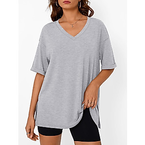 Trendy Queen Oversized Tshirts for Women Workout Plus Size Tops V Neck Short Sleeve Tunic Side Slit Outing T Shirts 2025 Spring Summer Casual Clothes Loose Fit Basic Tees Beach Vacation Grey XXL