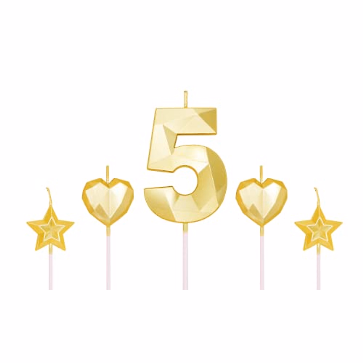 Gold Number 5 Candles and Star Heart Candles 2.76 inch Number Candles for Birthday Cakes 3D Diamond Shaped for Cake Decorations(Gold Candle 5)