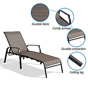 Patio Outdoor Chaise Lounge Chairs, Folding Sling Reclining Chaise Lounger Chair Fit Beach Yard Pool Patio with 5 Adjustable Positions, Brown Frame