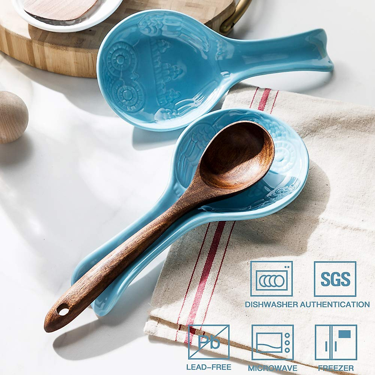 Sweejar Owl Ceramic Spoon Rest Set, Large Spoon Holder for Kitchen, Drip Catcher for Ladle, Spatula, Tongs, Cooking Accessories, Set of 2 (Steel Blue)
