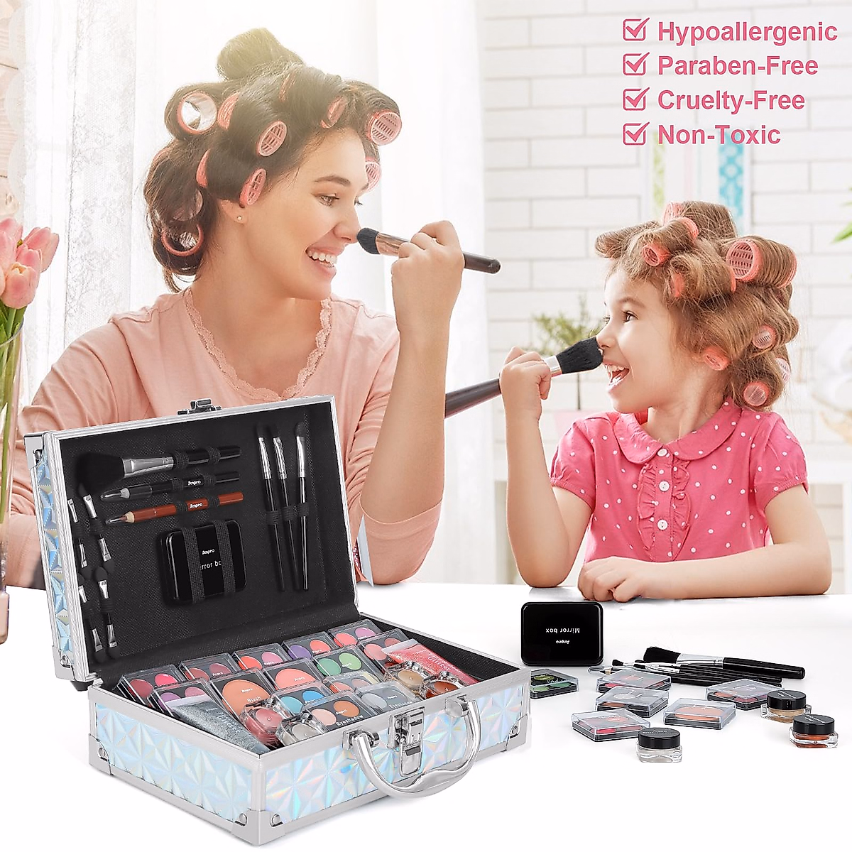 Anpro All-In-One Makeup Carry Case with Pro Teen Makeup Set, Full Starter Cosmetics Kit with Makeup Brushes, Lipsticks, Eye Shadows Palette, Blushes, Glitter Gel