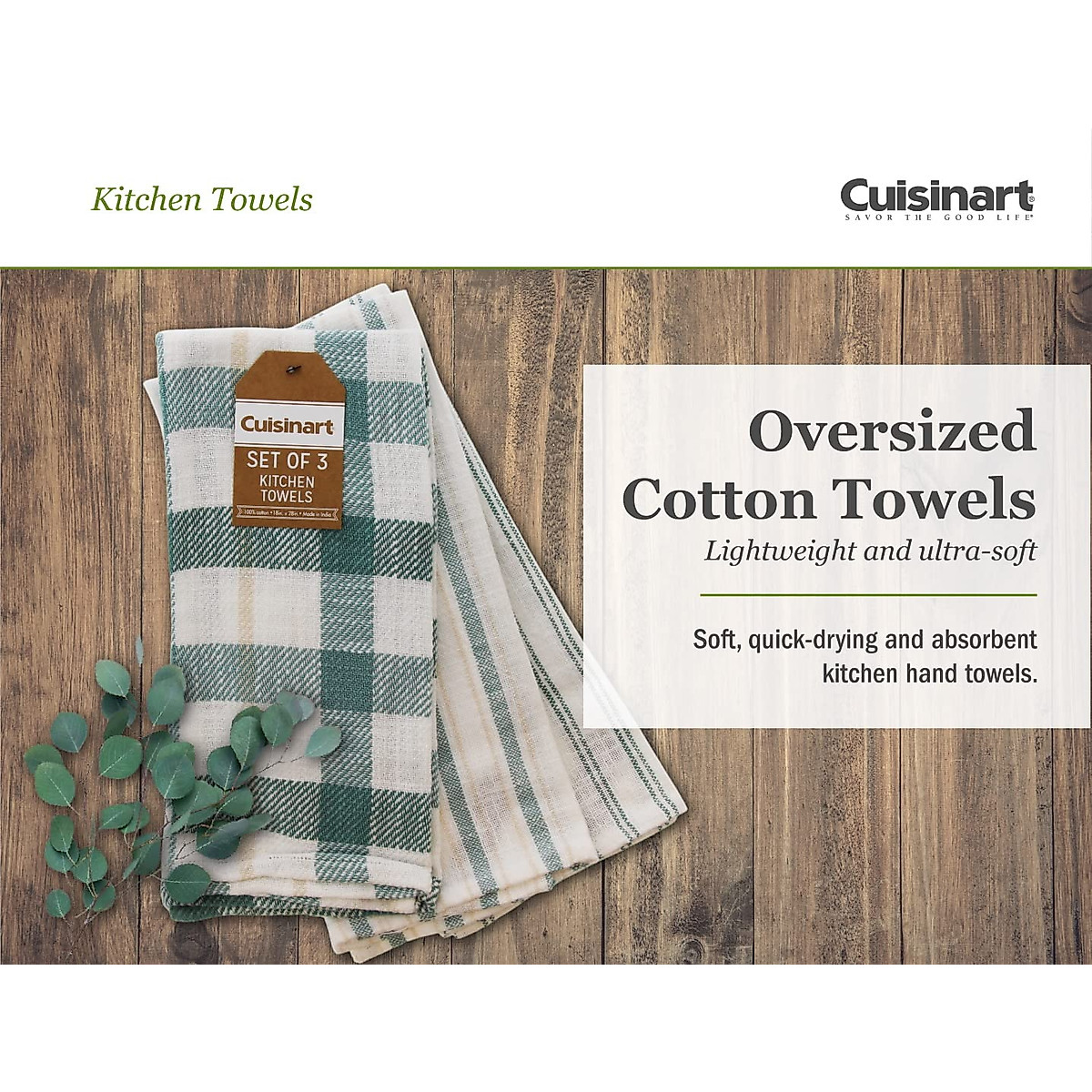 ASDJLK Cuisinart Oversized Kitchen Towels, Set of 3 - Slub Weave Cotton Fabric is Soft, Lightweight, & Quick Drying to Handle Cleaning, Wiping, & Drying Needs, 18 x 28 inches Dish Towels, Teal/Tan