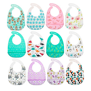 Nuby 2 Pack Adjustable Easy Clean Soft Silicone Bibs with Scoop, Pink Dinosaurs & Flowers