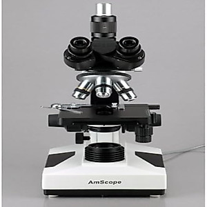 AmScope T490B-DK Compound Trinocular Microscope, WF10x and WF20x Eyepieces, 40X-2000X Magnification, Brightfield/Darkfield, Halogen Illumination, Abbe Condenser, Double-Layer Mechanical Stage, Sliding Head, High-Resolution Optics