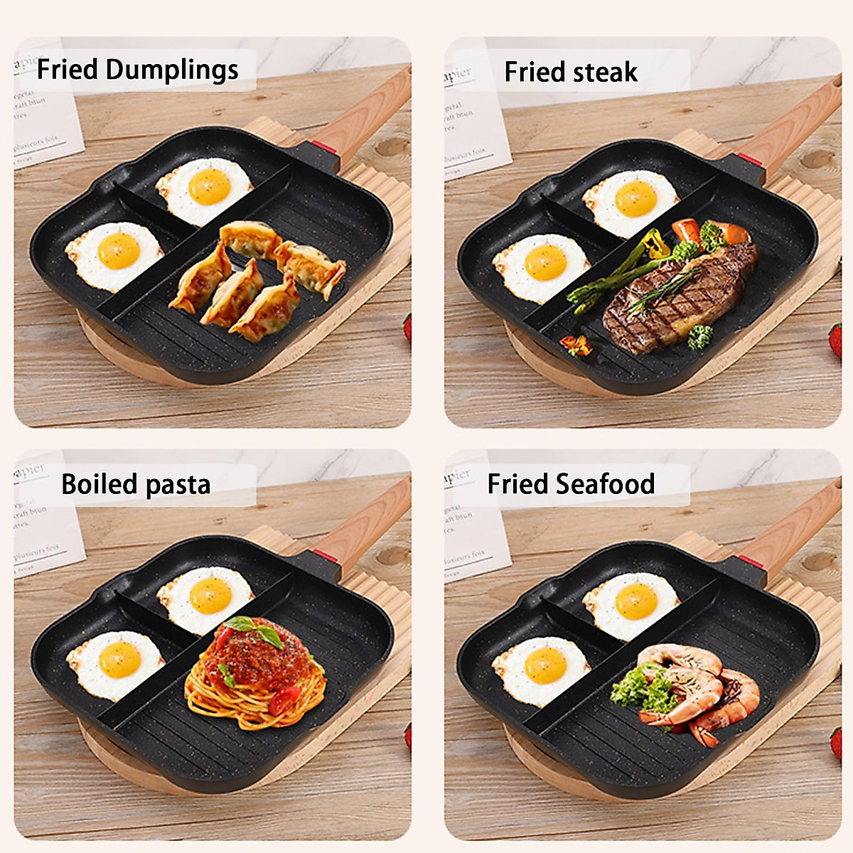 JUSTUP Nonstick Frying Pan,3-in-1 Egg Pan Versatile Divided Grill Pan with Pour Spouts,3 Section Breakfast Skillet Omelette Pan for Stove Tops, PFOA Free (Black), 11 Inch