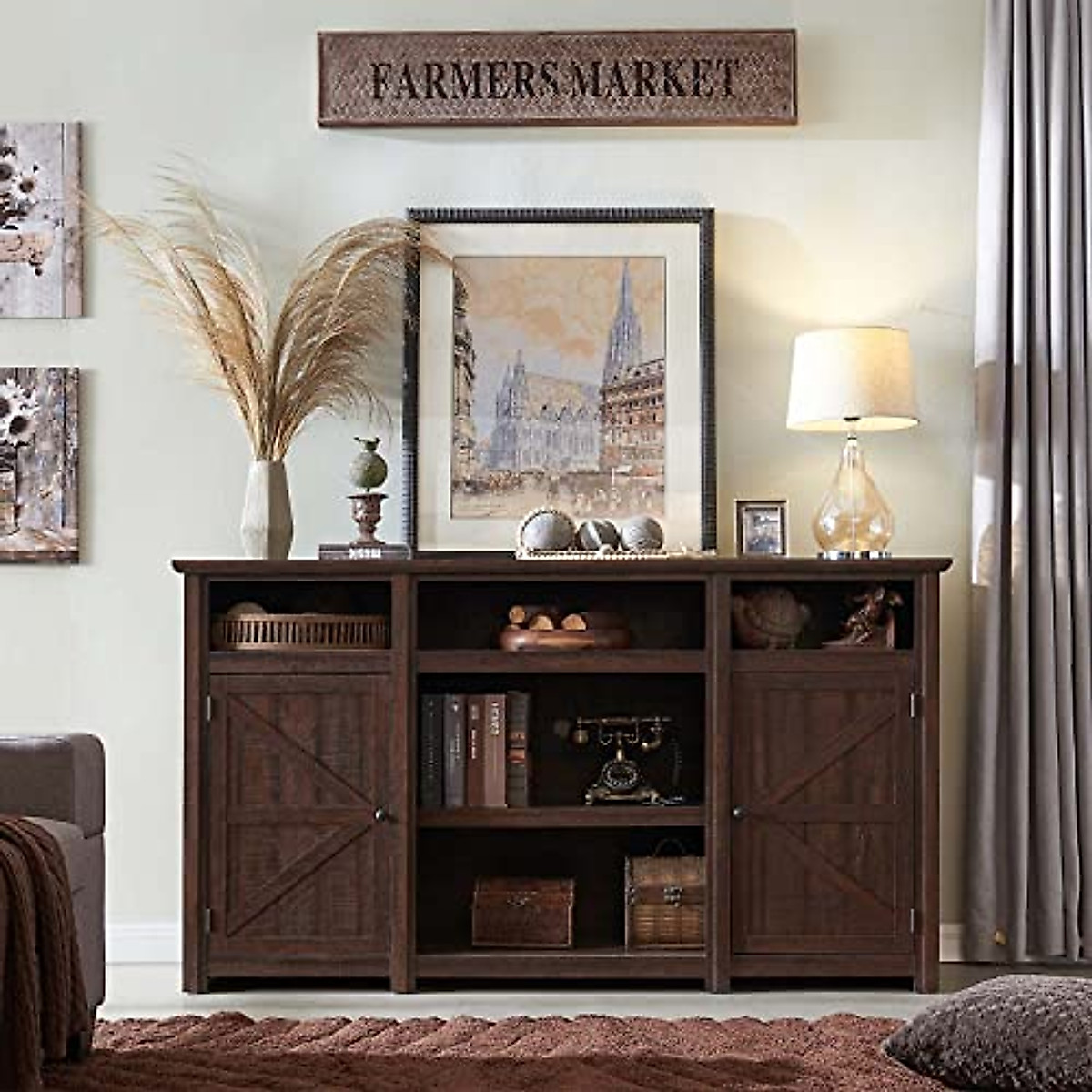 SinCiDo Farmhouse TV Stand for TVs Up to 80 inches, 39" Tall Highboy Entertainment Center w/Barn Door, Large Wood Rustic TV Console Cabinet w/Adjustable Shelves for Living Room, 70inch, Brown