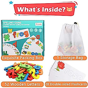 Wooden Toddler See and Spelling Learning Toy Matching Alphabet Word Game with 56 Different Words on 28 Two-Sided Cognitive Cards Letter Jigsaw Puzzle Toys for Kid’s Montessori Preschool Education