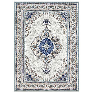 Area Rug Living Room Rugs: 9x12 Machine Washable Rug Soft Low Pile Area Rug with Non-Slip Backing, Medallion Floor Carpet for Bedroom Dining Room Nursery Home Office-Blue/Cream