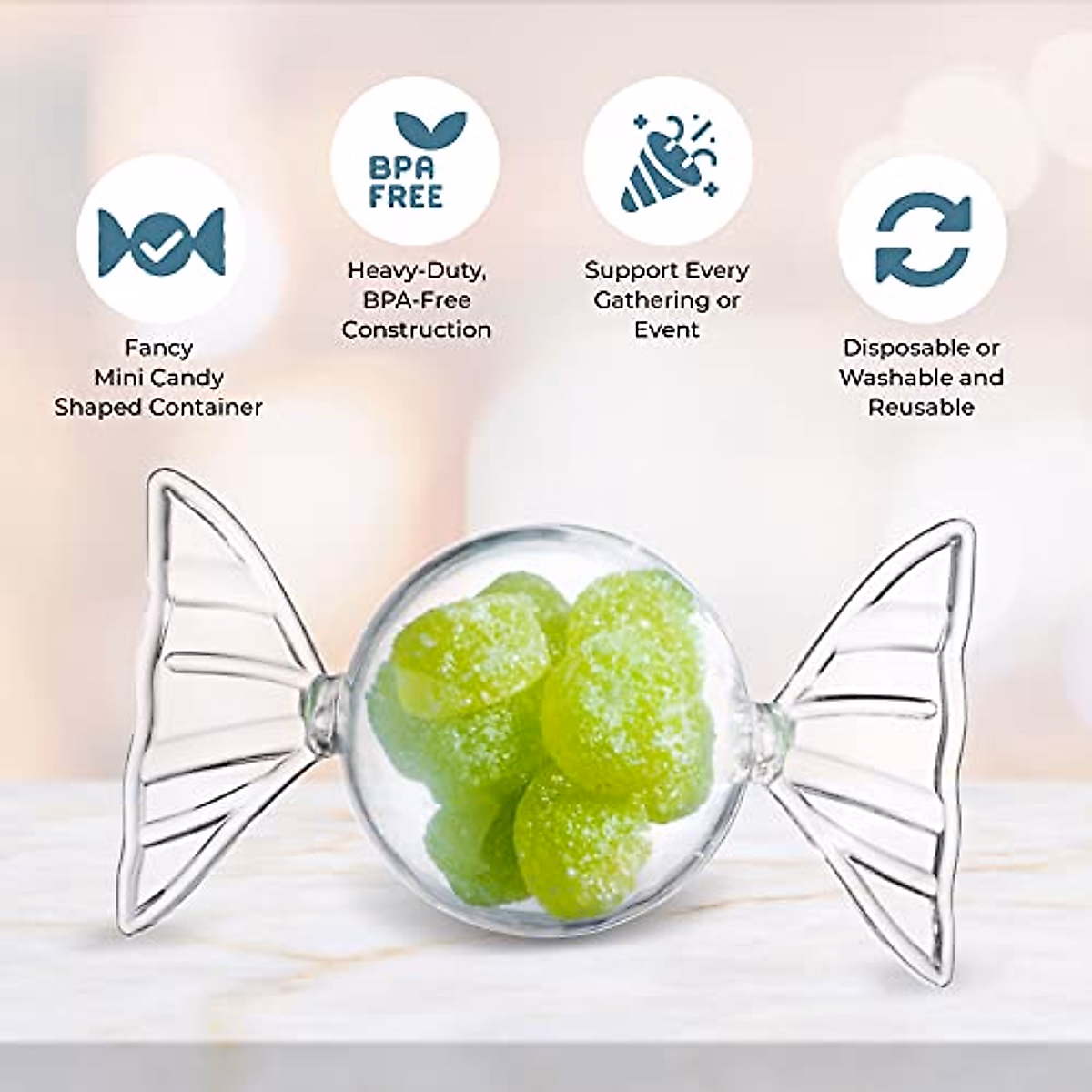 Posh Setting Mini Candy Shaped Container with Cover, Heavyweight Clear Plastic Candy Jar, Elegant Disposable Candy Container. 20 Count