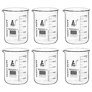 EISCO 6PK Heavy Duty Beaker, 1000ml - 5mm Thick, Uniform Walls - Superior Durability & Chemical Resistance - White Graduations - Borosilicate 3.3 Glass