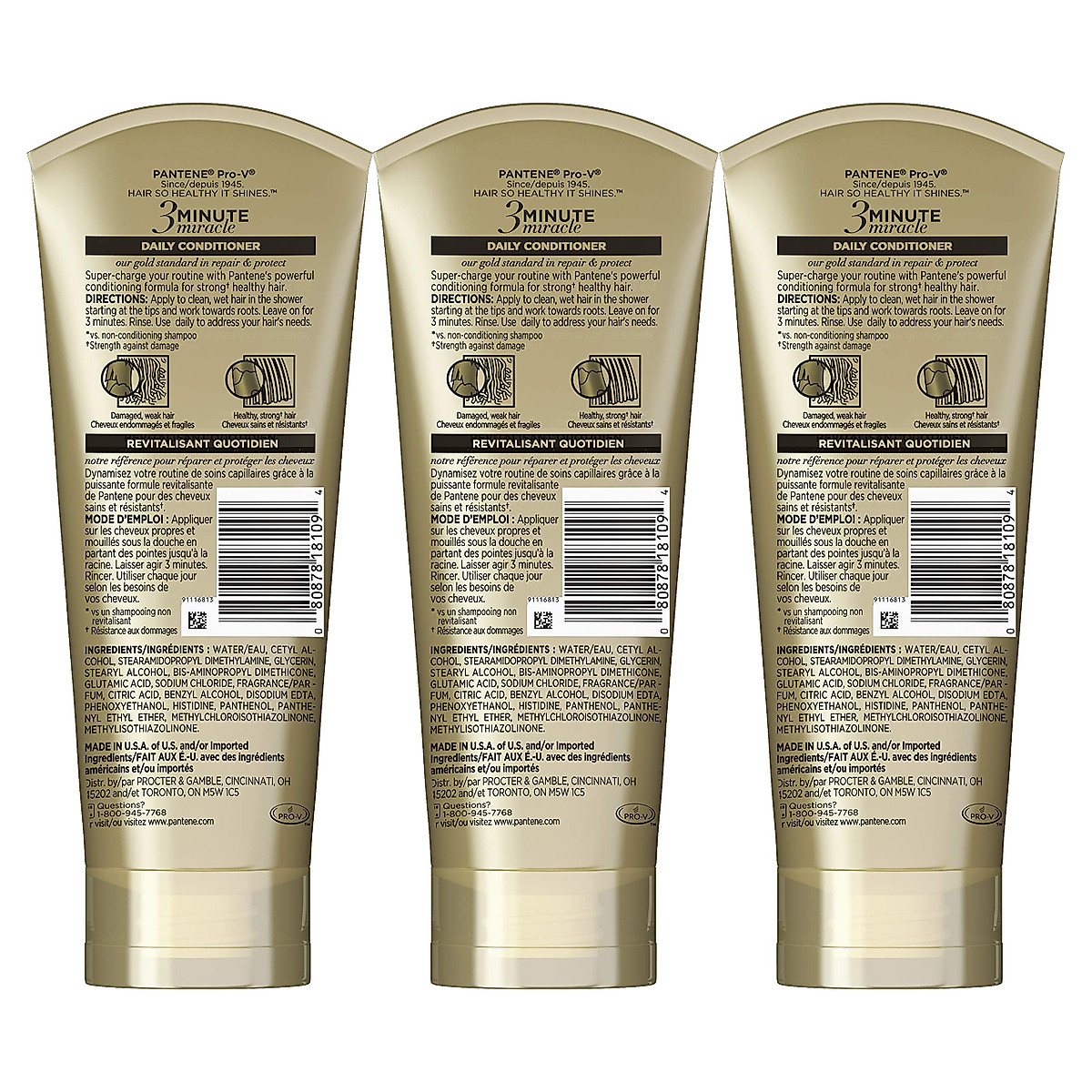 Pantene, Conditioner, Pro-V Repair and Protect for Damaged Hair, 3 Minute Miracle, 6 fl oz, Triple Pack