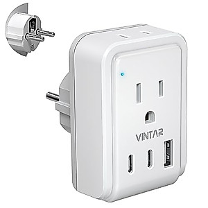 Type E F Plug Adapter,VINTAR Schuko Germany France Power Adapter with 2 American Outlets 3 USB Ports(2 USB C),5 in 1 Type E Travel Adapter for US to EU Spain Iceland Korea Greece Russia German French