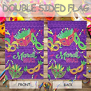 Mardi Gras Garden Flag Mardi Gras Welcome Banner for Indoor Outdoor Decoration Mardi Gras Beads Mask Door Banner Holiday Masquerade Party Supply Classic Design Purple Fleur De Lis, 17.7 x 11.8 Inch