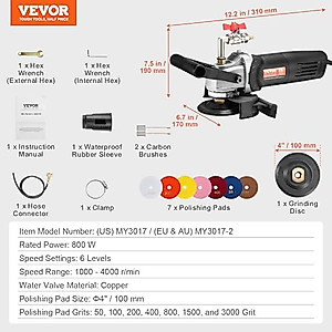 VEVOR Wet Polisher 800W, 4" Concrete Grinder with 6 Variable Speed and 7 Polishing Kits, Wet Grinder Machine for Marble, Granite, Stone, Rock, Tile, Equipped with a GFCI Switch, (1000 - 4000 RPM)