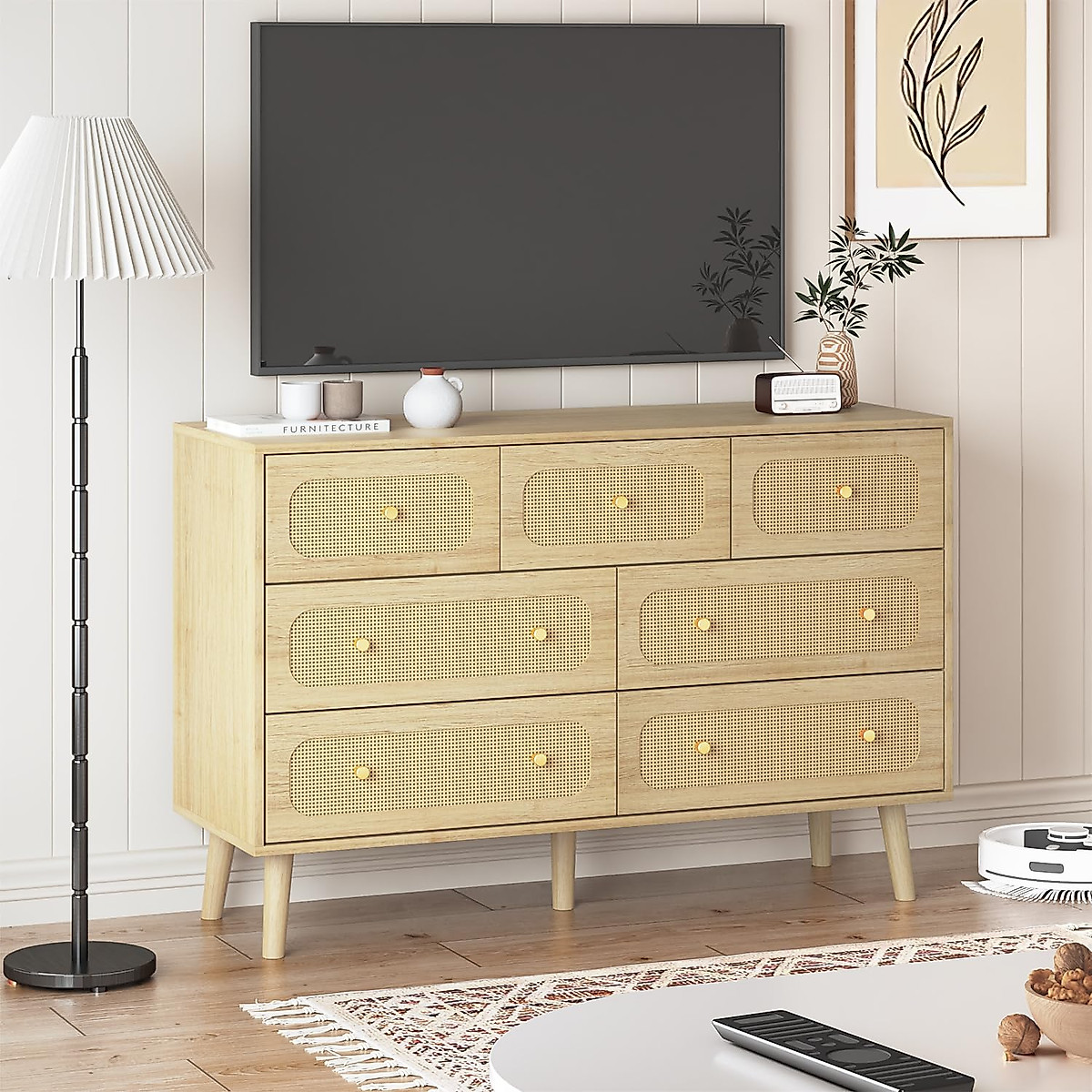 HOUROM Natural Rattan Dresser for Bedroom, Boho Wood Durable Dressers & chests of Drawers with Gold Handles, Modern Wood 7 Drawer Dresser for Bedroom
