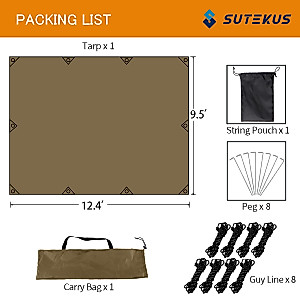 Sutekus Camping Tarp Rain Fly Tarp Waterproof Tent Tarp Lightweight Ripstop Fabric 12FT Extra Large Tarp (Khaki)