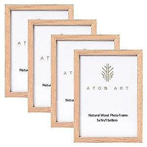 ATOBART 5x7 Picture Frame Made of Solid OAK Wood Covered by Real Glass,5x7 Natural Wood Photo Frame for Wall Mounting or Table Top Display,Set of 4