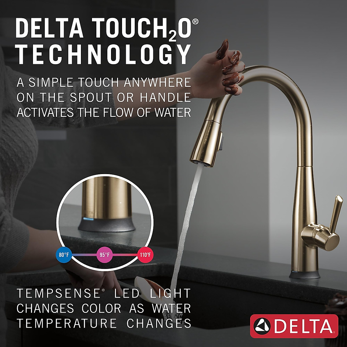 Delta Faucet Essa Touch Kitchen Faucet, Gold Kitchen Faucets with Pull Down Sprayer, Kitchen Sink Faucet, Touch Faucet for Kitchen Sink, Delta Touch2O Technology, Champagne Bronze 9113T-CZ-DST