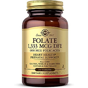 Solgar Folate 1,333 MCG Dietary Folate Equivalent (800 mcg Folic Acid), 250 Tablets - Heart Health, Healthy Nervous System, Prenatal Support - Non-GMO, Vegan, Gluten Free, Dairy Free - 250 Servings