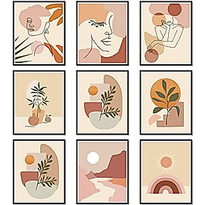 9 Pieces Abstract Wall Art Minimalist Wall Art Prints Minimalist Boho Wall Art Abstract Line Art Woman Botanical Plant Painting Abstract Wall Decor for Living Room Bedroom Kitchen Office, Unframed