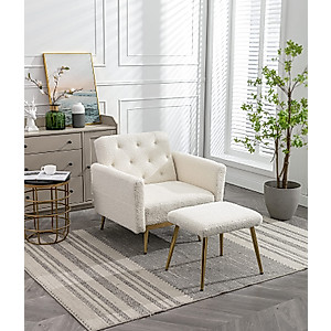 KINFFICT Velvet Accent Sofa Chair with Ottoman, Upholstered Comfy Lounge Armchair with Adjustable Armrests and Backrest, Living Room Single Recliner with Tufted Button Back, Cream White Teddy