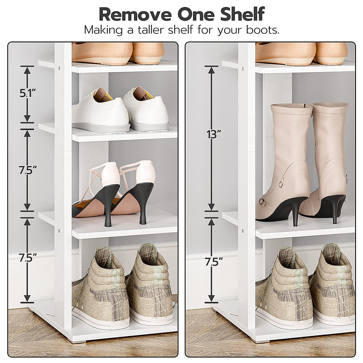 HOOBRO Vertical Shoe Rack, 8 Tier Wooden Shoe Storage Organizer with Hooks, Narrow Shoe Tower for 8 Pairs, Space Saving, for Entryway, Living Room, Bedroom, White WT07XJ01G1