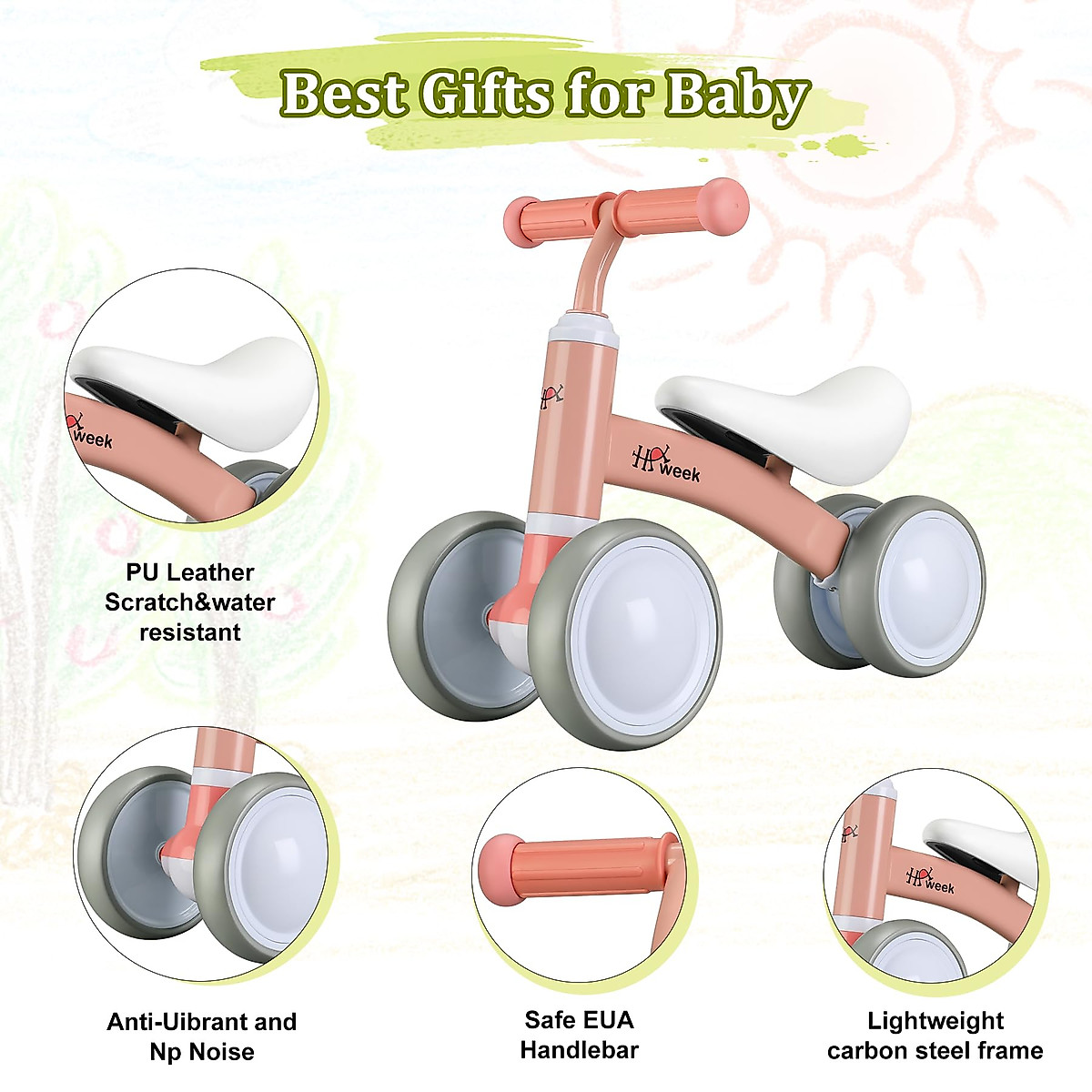 HAWEEK Baby Balance Bike Cute Toys for 1 Year Old Boy and Girl 12-24 Months Toddler Bike Baby Walker Riding Gifts for Boys Girls No Pedal Infant 4 Wheels Baby's First Birthday Gift (Pink)