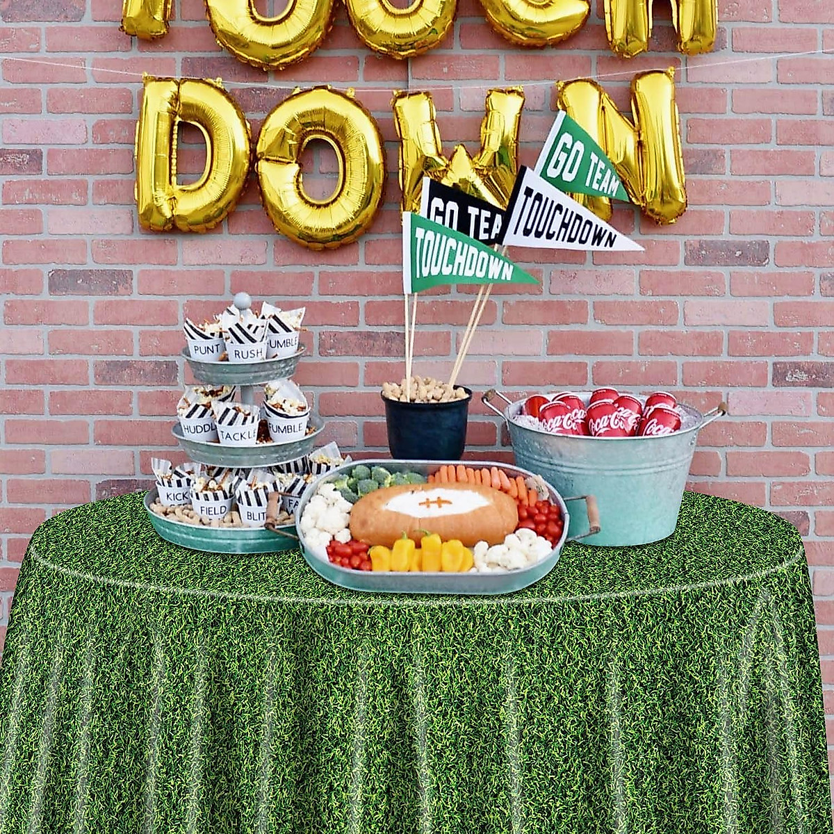 PIXHOTUL 3 Pcs Green Grass Tablecovers, Round Grass Pattern Plastic Tablecloths, Soccer Party Supplies for Sports Theme Parties Supplies Golf Soccer Football Event Decor, 84 x 84 Inch