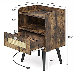 AGDULL Diamond Handle Nightstands Set of 2 with Charging Station, Bedside Table with Solid Wood Legs, End Table with Rattan Drawer, Rustic Brown