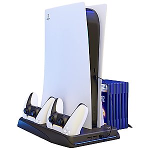 Q-View Vertical Stand for use with PlayStation 5, 4 in 1 Docking Station, Controller Charger, Cooling Fan and Games Storage Tray Compatible with PS5 Console, Disk and Digital Version