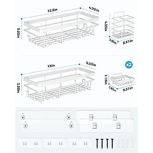 POKIPO Shower Caddy 5 Pack, Adhesive Shower Organizer with Soap Dishes & Toothbrush Holder & 20 Hooks, Large Rustproof Stainless Steel Bathroom Shower Shelf for Inside Shower Storage Decor, White