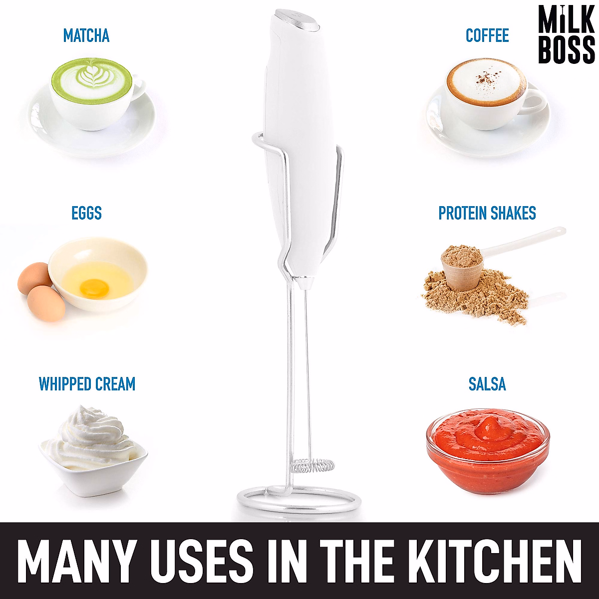 Milk Boss Mighty Milk Frother Handheld Whisk Mixer - Coffee Frother Electric Handheld Foam Maker & Frother For Coffee - Portable Electric Whisk With 16-Piece Stencils For Lattes, Matcha (Black)