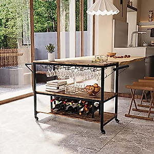 3-Tier Wine Table, Serving Bar Carts for The Home with Glass Holder, Mini Home Bar, Industrial Liquor Carts on Wheels, Rustic Wood and Metal Coffee Station and Drink Trolley for Dining Room, Kitchen