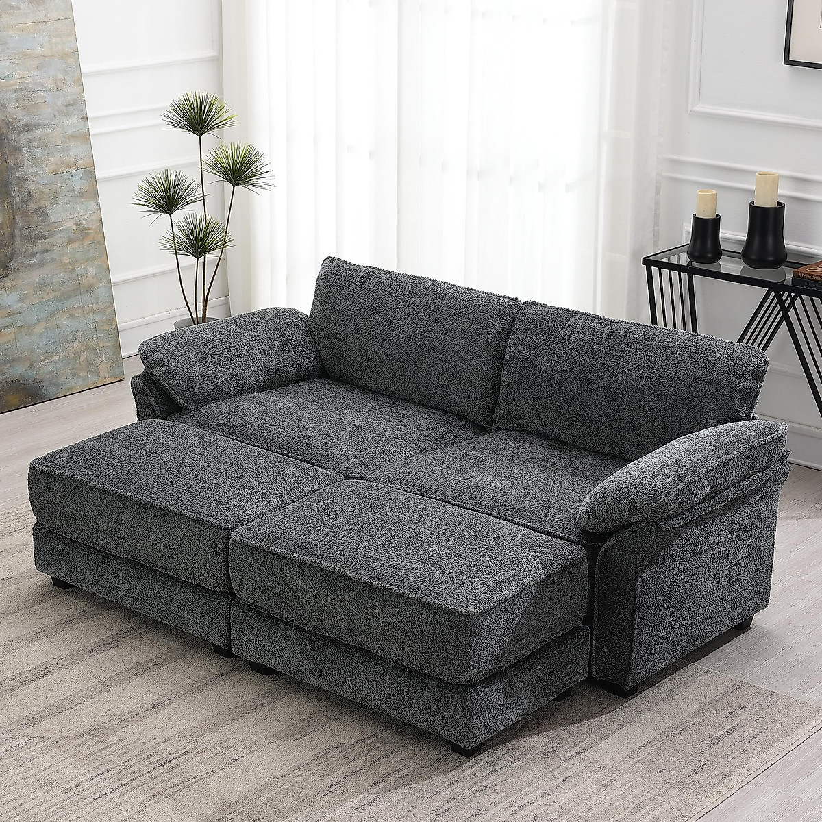 81" Sectional Sofa, Free Combination Modular Convertible Sectional Sofa Bed Set, 4 Seat Upholstered Sleeper Corner Couch, Deep-Seat Loveseat with Ottoman for Living Room, Office, Apartment (Gray)