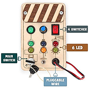 DINORUN Busy Board Montessori Toys for 1 2 3 Year Old Toddler Toys, Wooden Travel Toys with Light Up LED Buttons, Sound Sensory Toys for Toddlers 1-3, Educational Learning Fidget Toys Toddler Gifts