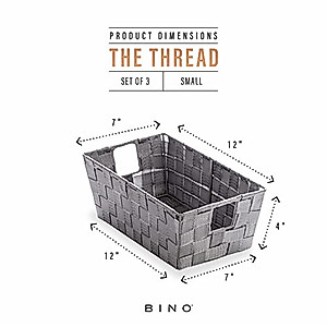 BINO 3 Pack Woven Strap Storage Basket Organizer - Shelf/Under Bed Organizers with Built-in Carry Handles, Light Grey (Small)