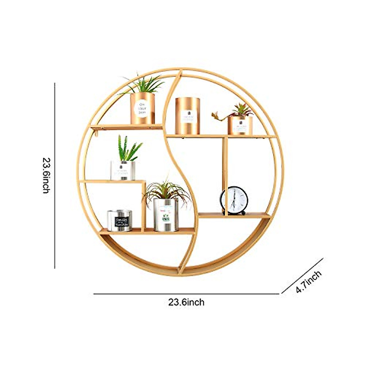 GLCS GLAUCUS Floating Shelves Wall Mounted,Rustic Decor Wood Wall Shelf Round Metal Wall Mount Display Organizer Holder for Home Decor,Gold