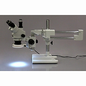 AmScope SM-4TZ-80S Professional Trinocular Stereo Zoom Microscope, WH10x Eyepieces, 3.5X-90X Magnification, 0.7X-4.5X Zoom Objective, 80-Bulb LED Ring Light, Double-Arm Boom Stand, Includes 0.5X and 2.0X Barlow Lens