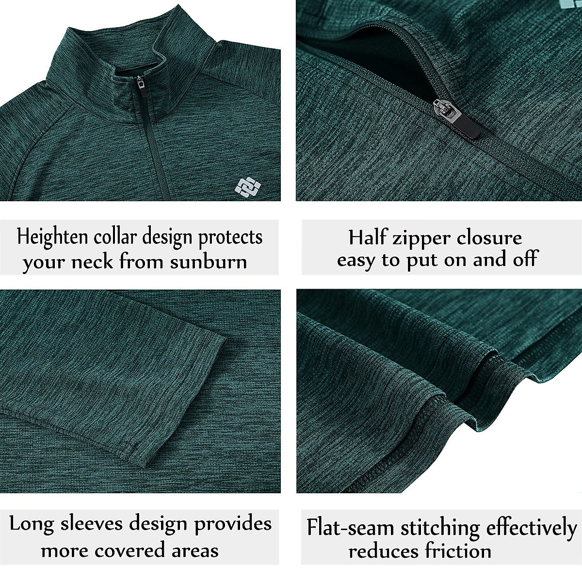 MoFiz Men's Quick-Dry Active Sports Shirts Quarter Zip Long Sleeve Running Pullover Athletic Outdoor Tops Dark Green L