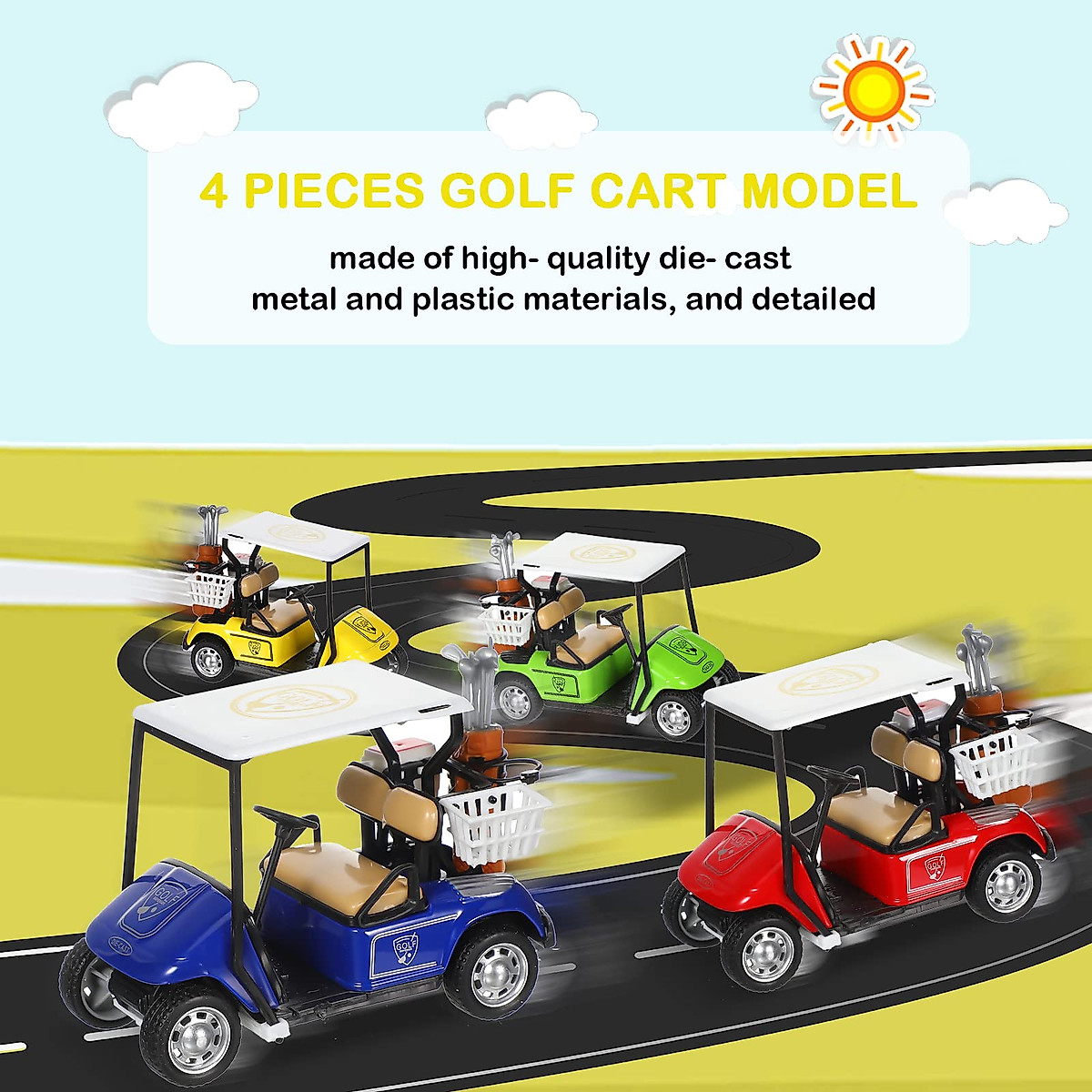 Mini Golf Cart Model Toy Metal Pull Back Action Cart 1:36 Scale Golfcart Pullback Vehicle for Boys Girls Toys Dollhouse Cake Toppers Decor, 3.9 Inch (4 Pcs)