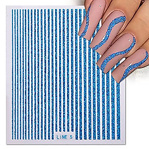 Line Nail Art Stickers Decals 3D Holographic Line Nail Stickers 6Pcs Rose Gold Silver Metal Stripe Nail Decals Geometric Stripe Line Curve Adhesive Nails Art Supplies Sliders for Women Manicure Decor