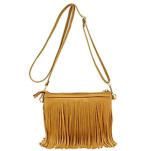 FashionPuzzle Small Fringe Crossbody Bag with Wrist Strap (Dark Mustard)