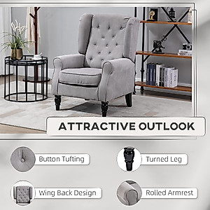 HOMCOM Mid-Century Modern Accent Chair, High Wingback Chair, Button-Tufted Upholstered Fabric Armchair with Retro Wood Legs for Living Room, Bedroom, Gray