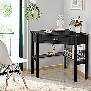 Yaheetech Wood Triangle Computer Desk Corner Table with Large Drawer & Storage Shelves, 90 Degrees Writing Desk Laptop PC Table for Home Office, Study Workstation for Small Space, Black