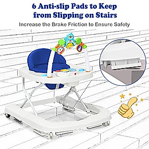 INFANS Foldable Activity Baby Walker, 2 in 1 Anti-Rollover Toddler Walker Helper with Adjustable Height and Speed Safety Belt, Music Center for Boys and Girls (Blue)